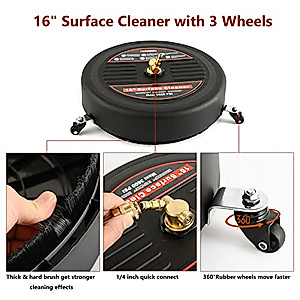 Pressure Washer Surface Cleaner, TAOZIM 16" Power Washer Surface Cleaner for Pressure Washer w/ 3 Wheels 1/4" Quick Connector 2 Extension Wands 2 Replace Nozzle Pressure Washer Attachments, 3600 PSI