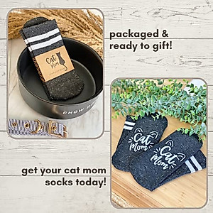 Boutique Cat Mom Crew Socks for Women - Soft Fuzzy No Slip Grip Soles - Fun Novelty Wife, Grandma, or Girl Birthday Gift or Christmas Present Stocking Stuffer - Sock Gifts for Best Friend - Charcoal