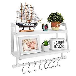 Halcent Wall Shelves Wood Floating Shelves, 2 Tier Storage Shelves Bathroom Shelf Kitchen Spice Rack with 8 Hooks for Bathroom Kitchen Utensils