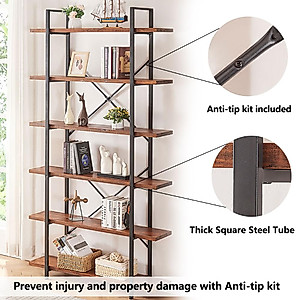 HSH Solid Wood Bookshelf, 6 Tier Tall Industrial Etagere Bookcase and Storage Shelves Heavy Duty, Rustic Large Open Vertical Metal Natural Real Wood Book Shelf for Bedroom Living Room Distressed Brown