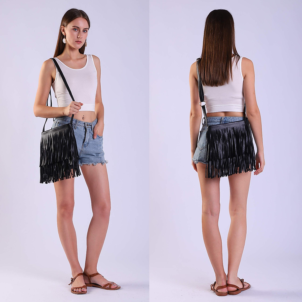 Glossy Fringe Cross Body Shoulder Bag Tassel Womens Purse(Black)