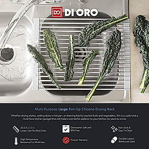 Roll Up Dish Drying Rack - Large Silicone Dish Drying Rack Over The Sink Kitchen (20.5" x 13") - Foldable Farmhouse Sink Drying Rack - Heavy- Duty Stainless Steel Core - Dishwasher Safe by DI ORO