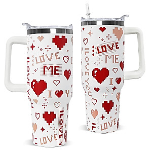 Nqhsionv Valentines Tumbler with Handle 40 oz 5D Pixel Style Love Hearts Coffee Travel Mug Stainless Steel Insulated Cup Valentines Anniversary Wedding Birthday Gifts for Women