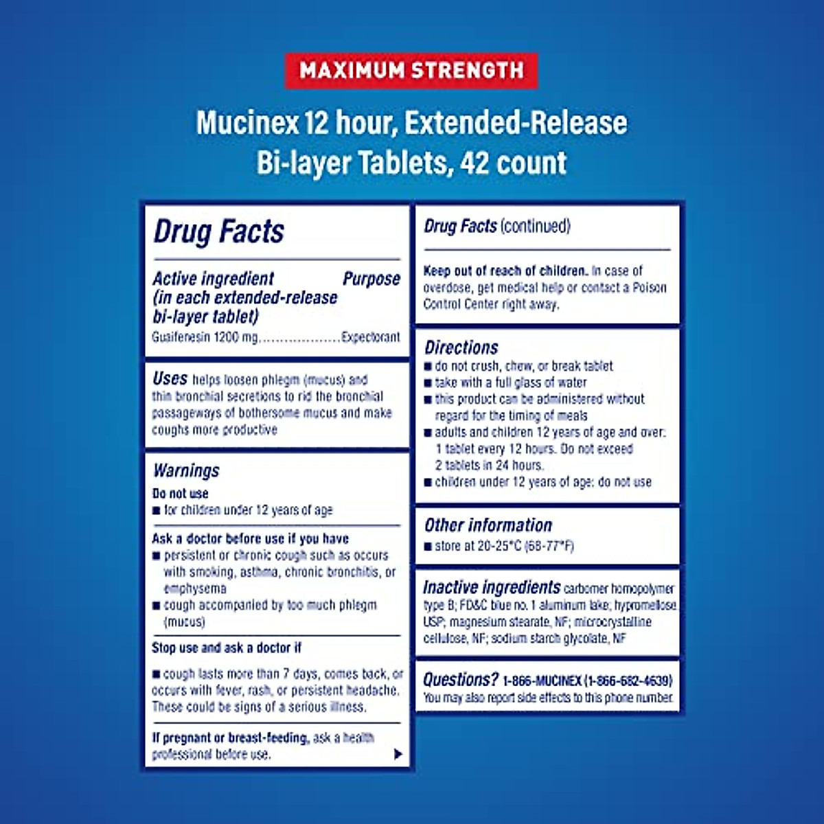 Mucinex Chest Congestion Maximum Strength 12 Hour Extended Release Tablets Relieves Chest Congestion Caused by Excess Mucus(#1 Doctor Recommended OTC expectorant), 1200mg, 42 Count (Pack of 1)