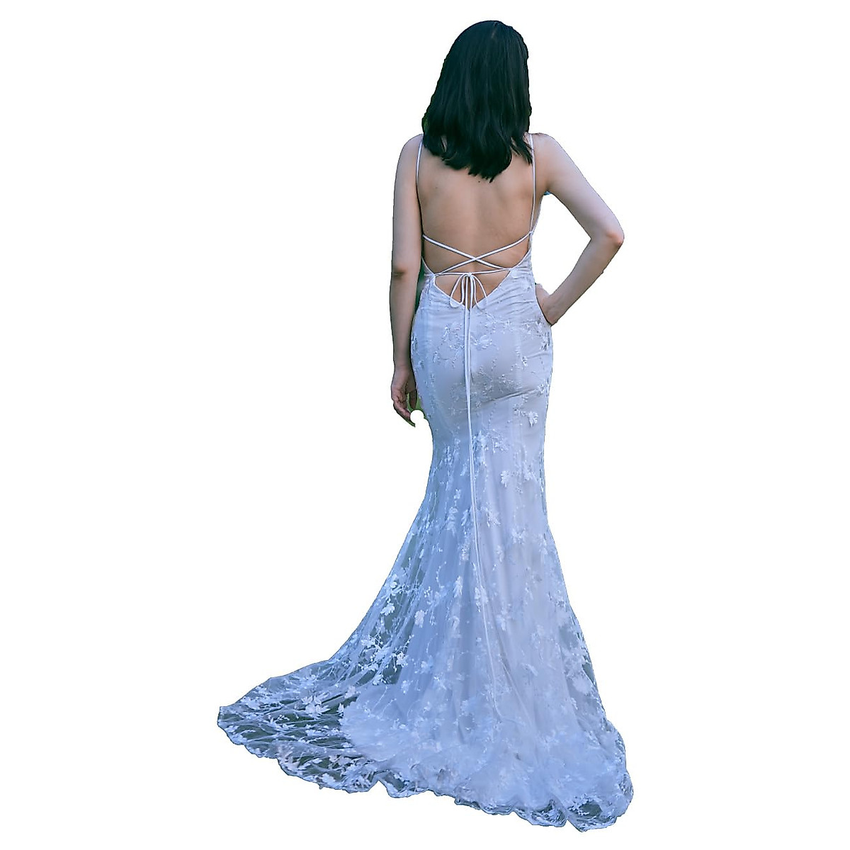 Pefantal Lace Applique Wedding Dresses for Bride Sleeveless Spaghetti Straps Mermaid V Neck Open Back Bodycon Long Bridal Gown (US, Numeric, 6, Regular, Regular, White)