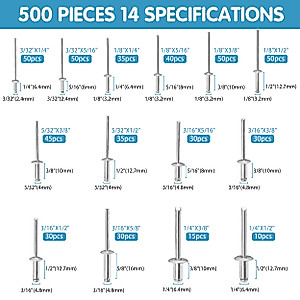 SATANTECH 500pcs Pop Rivets Assortment Kit,14 SAE Sizes Aluminum Rivets (3/32" 1/8" 5/32" 3/16" 1/4"), Assorted Blind Rivets with Reinfored Divider & Labeled Case