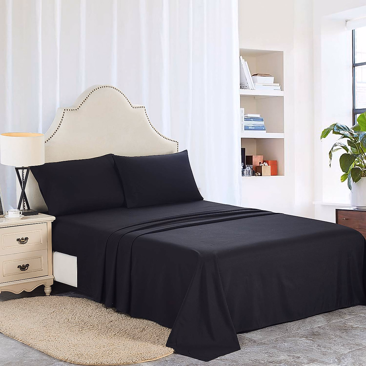 PHOENIX HOME TEXTILES 1500 Collection Soft Brushed Microfiber Sheet Set with 15-Inch Deep Pocket -Wrinkle Fade and Stain Resistant (Queen, Black)