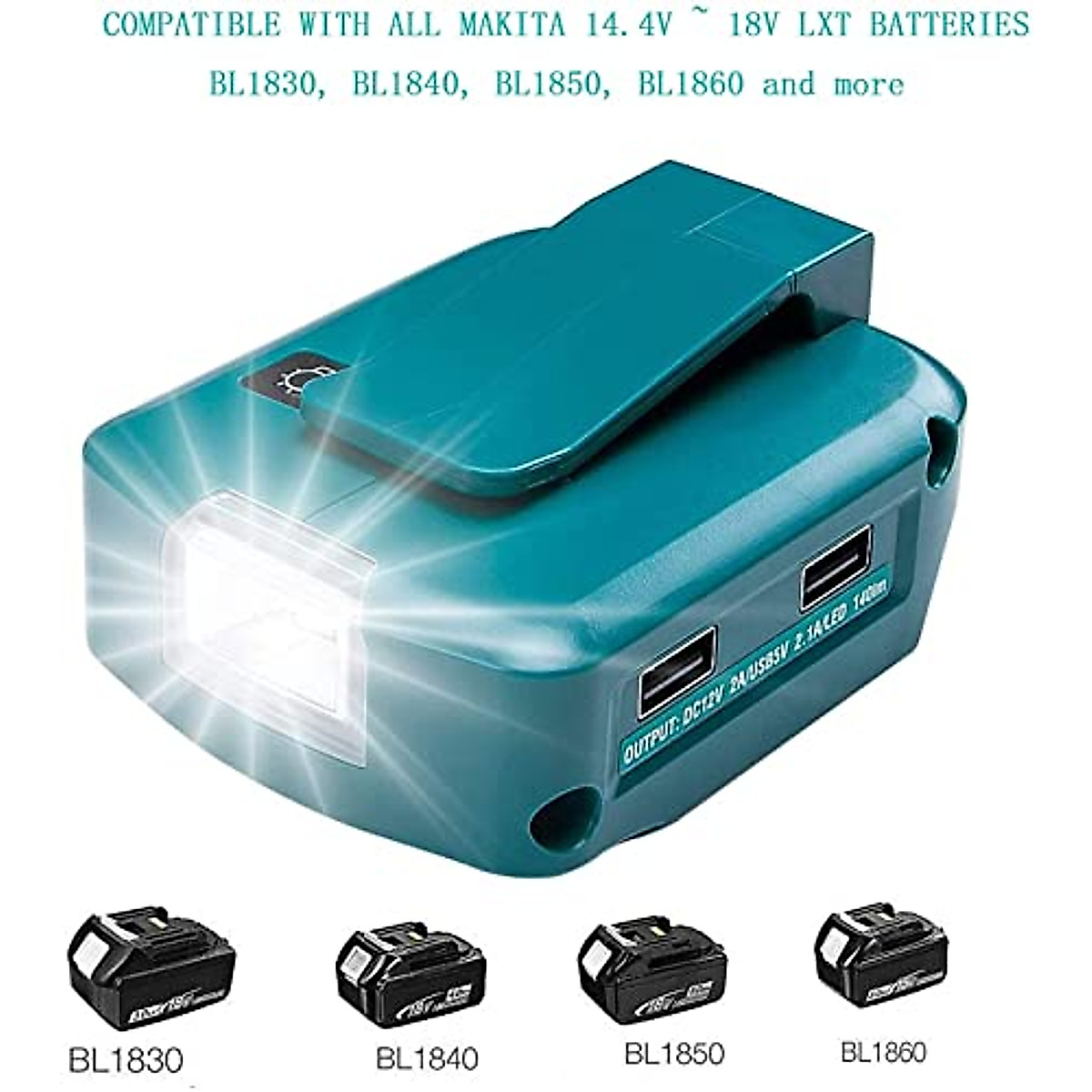 ADP05 Power Source for Makita 14-18V Lithium-Ion LXT Battery Geelink USB Phone Charger Adapter Converter with Dual USB Ports, 12V DC Port, 3W LED Work Light Flashlight