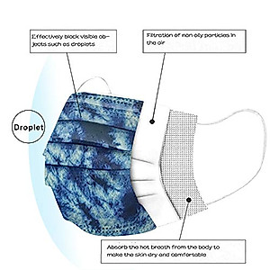 50PC Tie Dye Disposable Face_Masks for Adult Women Men Printed Design 3 Ply Breathable Full Protection Light Weight Fashion (Blue Tie Dye, 50PC)