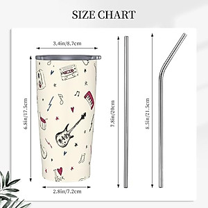 Yaxongx 20oz Tumbler Guitar Musical Music Double Wall Vacuum Insulated Coffee Mug with Lid and Metal Straw Brush Reusable Stainless Steel Water Bottle Travel Cup Gifts for Car Ice Drinks Hot Beverage