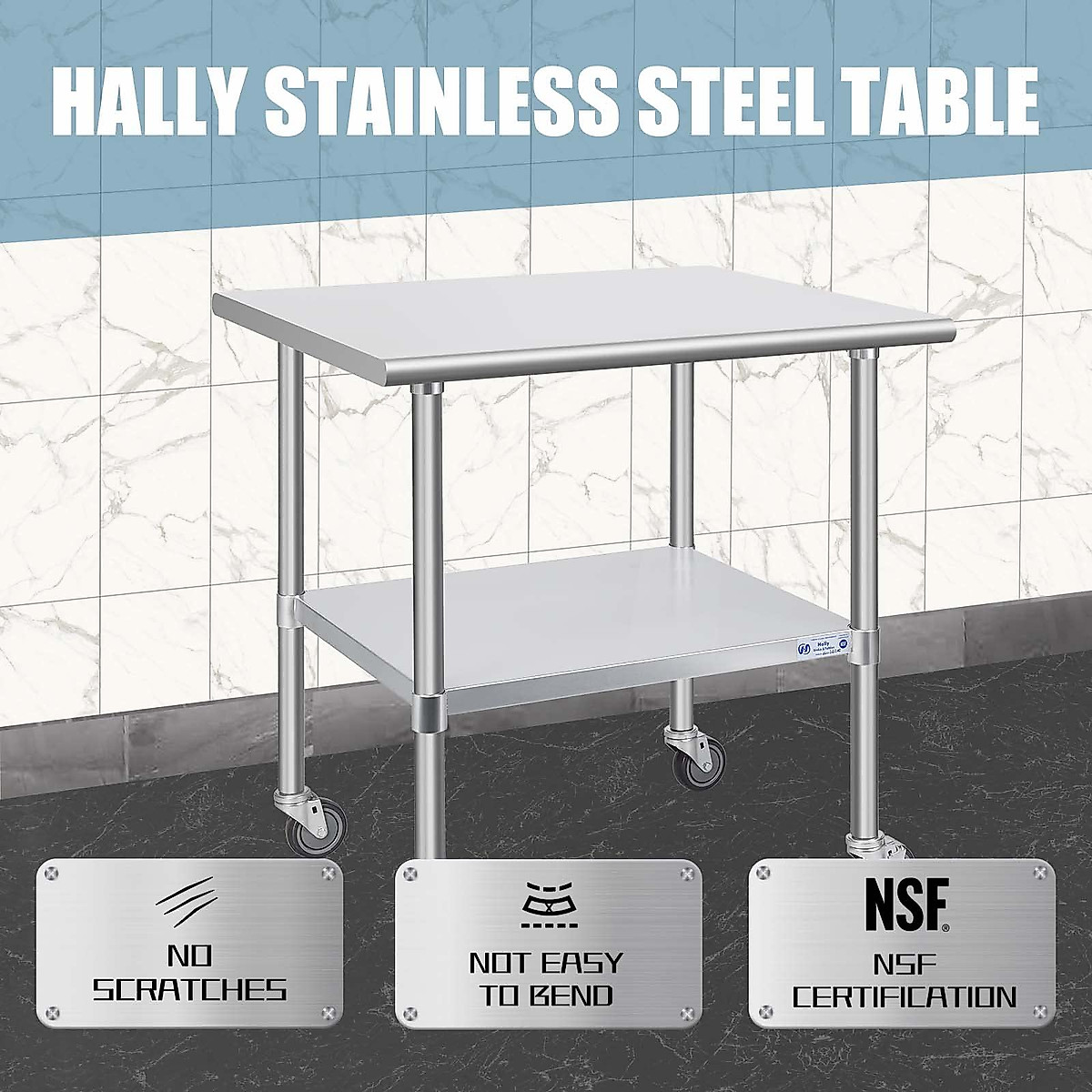 Hally Stainless Steel Table for Prep & Work 30 x 36 Inches with Caster Wheels, NSF Commercial Heavy Duty Table with Undershelf and Galvanized Legs for Restaurant, Home and Hotel