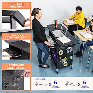 Line Leader Stellar AV Cart | Reimagine Your Teacher Cart with Revolutionary Pegboard Siding & 12 Movable Hooks for Customizable Storage | UL Safety Certified Cart | Keyboard Tray & Drop Leaf Shelving