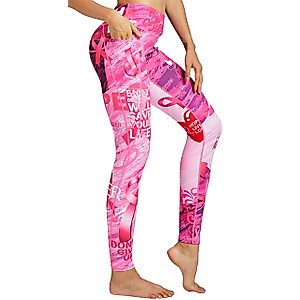 COOLOMG Breast Cancer Awareness Women Leggings Yoga Pants Workout Running Tights with Side Pockets Rosa Ribbon Printed XL