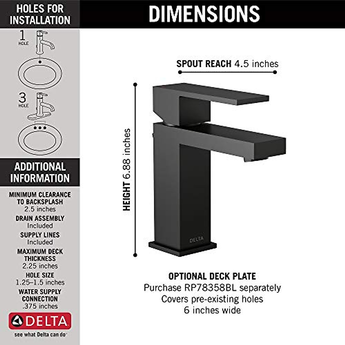 Delta Faucet Modern Matte Black Bathroom Faucet Single Hole, Matte Black Single Hole Bathroom Faucet, Bathroom Sink Faucet, Black Vanity Faucet, Drain Assembly, Matte Black 567LF-BLGPM-PP