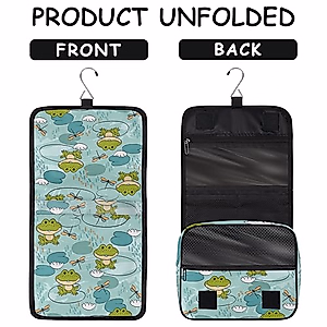 POFATO Frog Dragonfly Lotus Leaf Travel Toiletry Bag Cosmetic Makeup Bag for Women Men Hanging Hook Wash Toiletries Portable Toiletry Bags Organizer