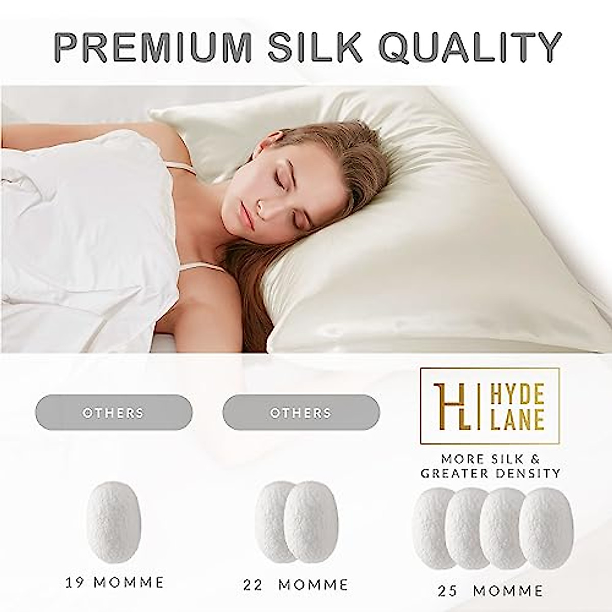 HYDE LANE 25 Momme 100% Pure Mulberry Silk Pillowcase for Hair and Skin with Hidden Zipper, Both Side Grade 6A Silk, Luxury Smooth and Soft,Real Silk Pillow Case, 1pc Queen 20''x30'',Ivory White