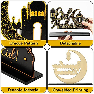 WATINC 4pcs Ramadan Kareem Wooden Table Topper Centerpiece Decorations, Happy Eid Mubarak Party Wood Tiered Tray Signs Table Decor, Al-Fitr Black Gold Detachable Tabletop Supplies for Home Kitchen