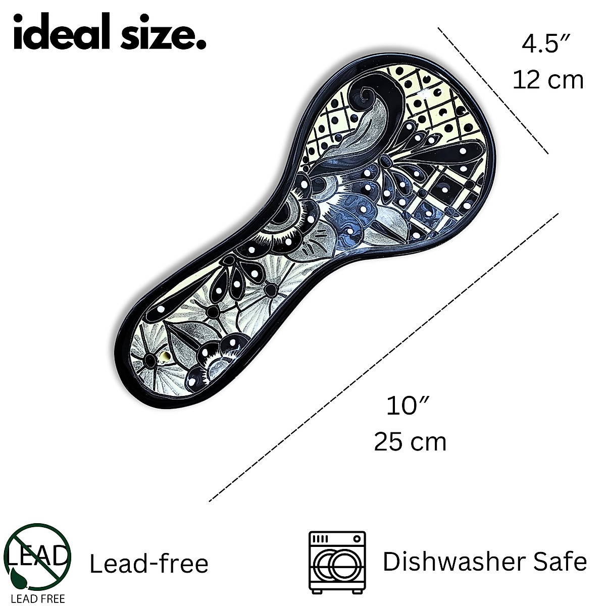 Ceramic Spoon Rest - Hand Painted Talavera - Mexican Style - Black and White Home Decor - Cuchara Floral Blanco/Negro