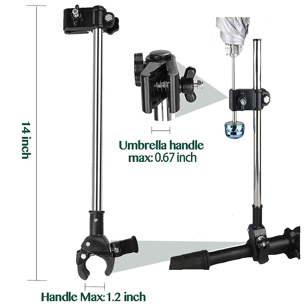 Umbrella Mount Holder, Adjustable Umbrella Mount Stand No Need Wrench to Attach/Detach Umbrella Clamp for Wheelchairs, Walker, Rollator, Biycle, Pram, Stroller, Black