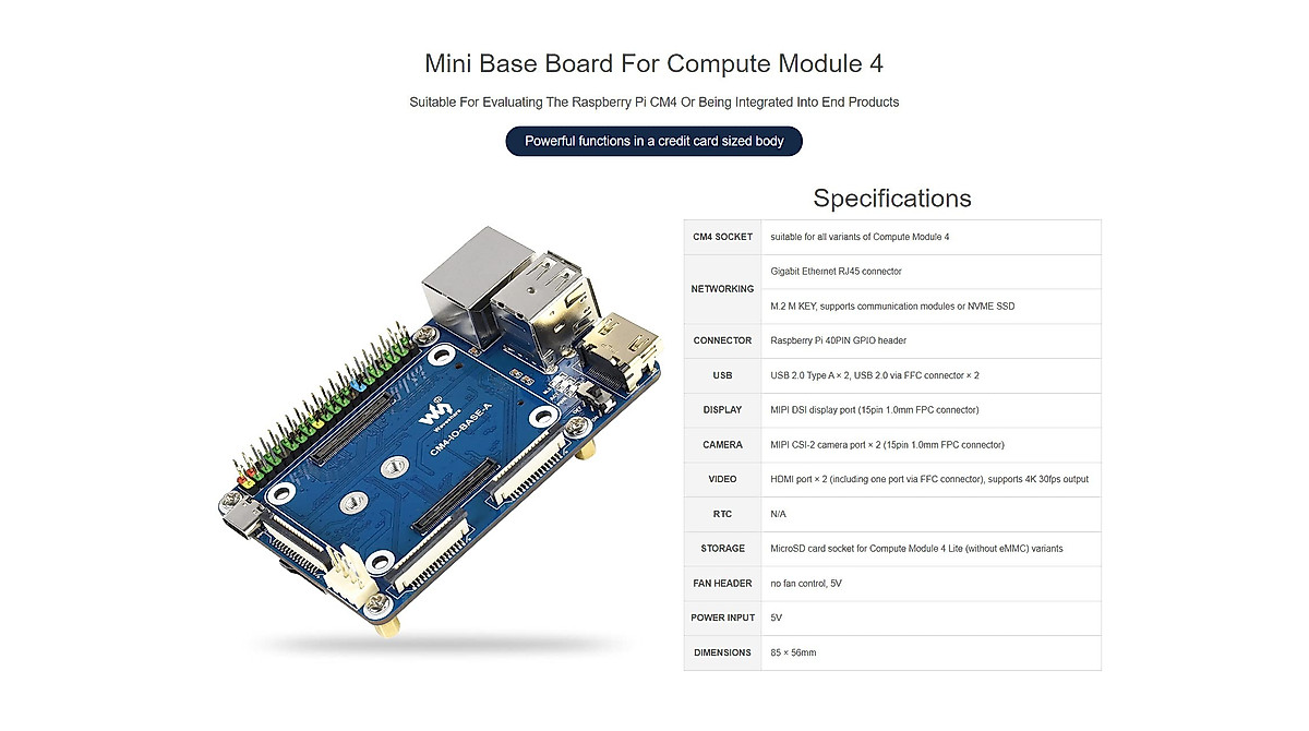Mini Base Board for Raspberry Pi Compute Module 4 Lite/EMMC Series Module, with Standard CM4 ...
