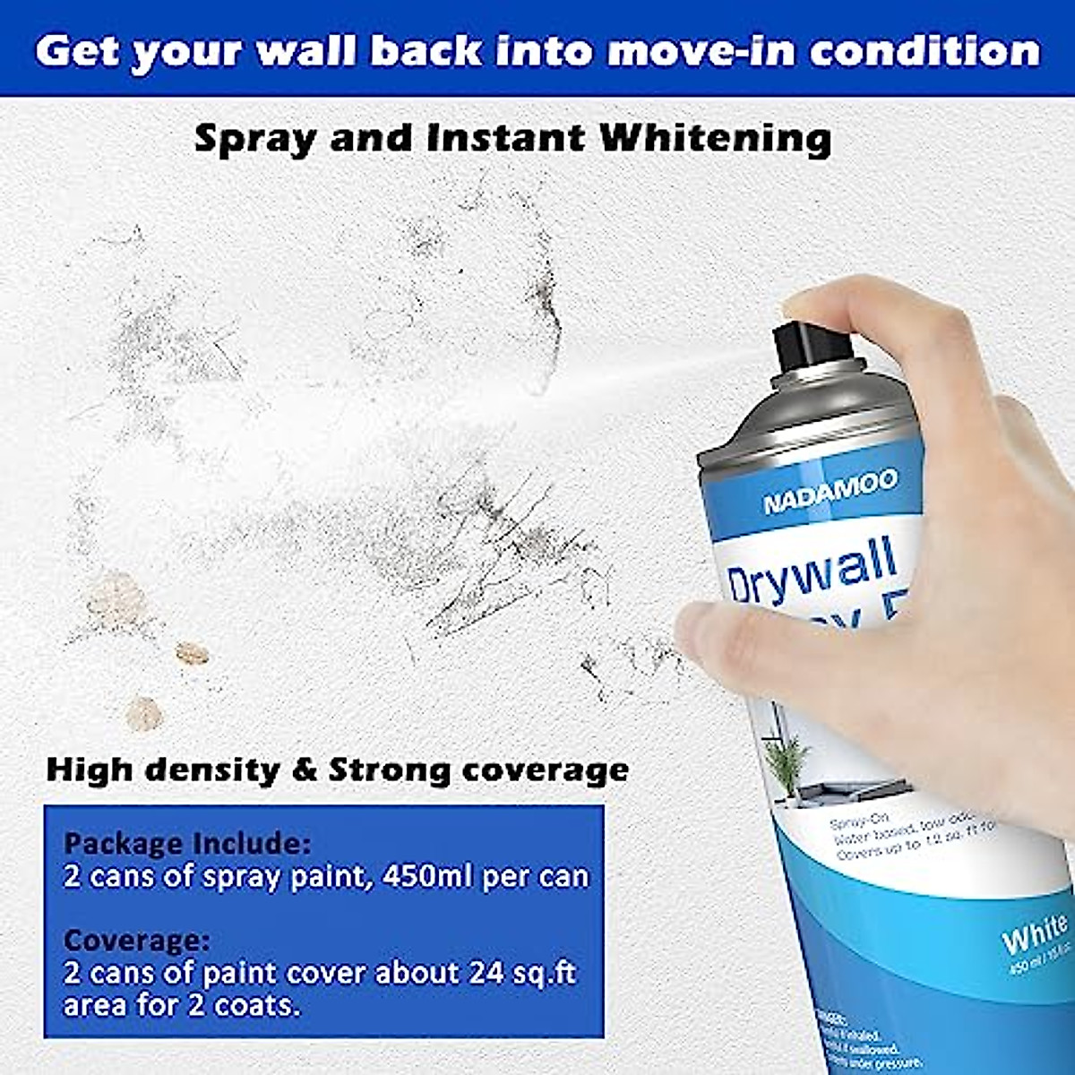 NADAMOO Aerosol White Paint for Wall, Odorless Water Based Drywall Spray for Ceiling Stains Spots, Dry Wall Renovation Paint for Indoor, Drywall Patch Repair Kit, 2 Cans, 450ml/ Can