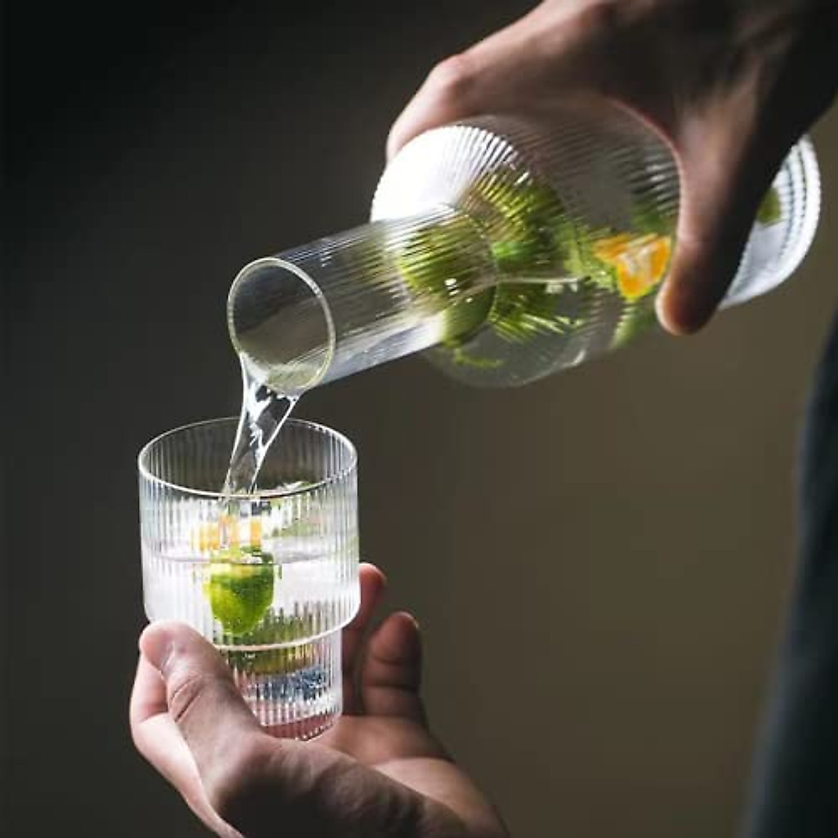 Bedside Water Carafe and Glass Set, Gencywe 28 OZ Pitcher & 6 OZ Cups, Vintage Glass Bedside Water Serving Carafe with Cup Set for Kitchen, Bedroom, Clear Juice Pitcher with Tumbler Glass (2-Piece)