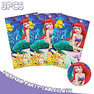YUNKELIU 3 Pieces Little Mermaid Birthday Party Tablecloths, Ariel Princess Themed Table Cover Plastic Rectangle Table Cover for Girls and Boys Baby Shower Birthday Ocean Party Supplies