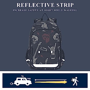 Glaphy Rock Music with Skulls Guitar Backpack School Bag Lightweight Laptop Backpack Student Travel Daypack with Reflective Stripes