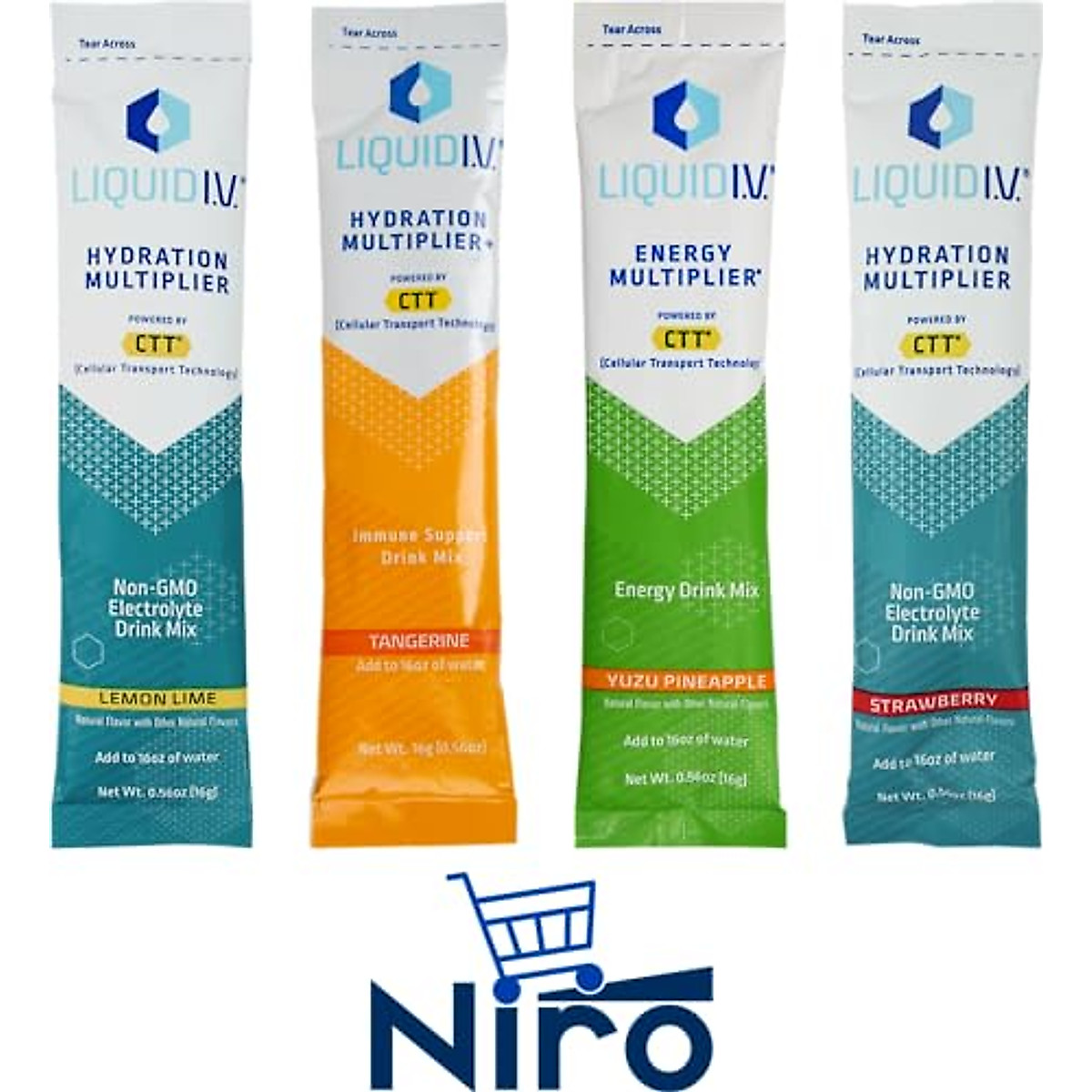 Niro Hydration Multiplier Liquid IV | 16 Pack | 4 Strawberry, 4 Lemon Lime, 4 Tangerine, and 4 Yuzu Pineapple Assortment