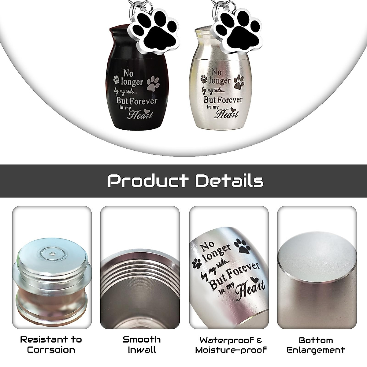 GCVOPTON 2 Pcs Pet Urns Keychain, Stainless Steel Cat Ashes Urn, Small Pet Urns for Dogs Ashes Keepsake, Pet Dog Cat Cremation Jewelry Pend Paw Print Memorial Urn with 2 Black Velvet Storage Bags