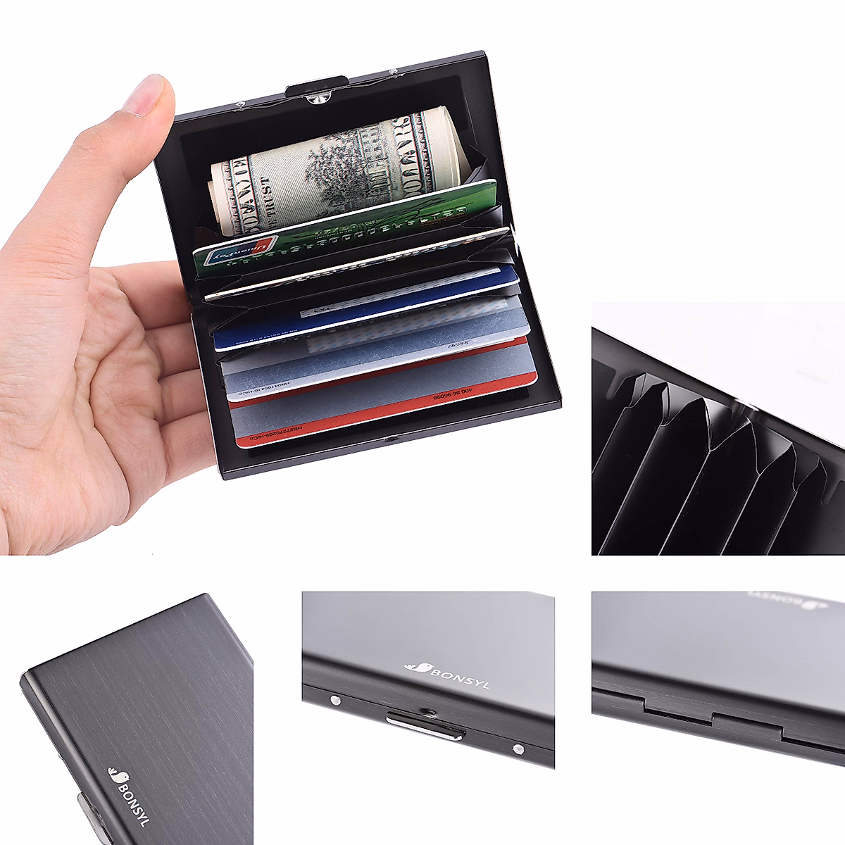 BONSYL® RFID Slim Metal Credit Card Holder Wallet for Ladies and Men,Credit Card Caes for Against Electronic Pickpockets & Identity Theft.(6 Slots-Black)