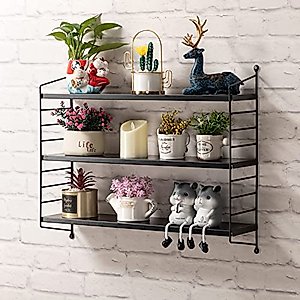Praktiban Wall Mounted 3 Tier Floating Shelf, Adjustable Hanging Display Shelf Bathroom Shelf, Storage Shelf for Plants, Books and Decorations, Bookshelf for Office, Black