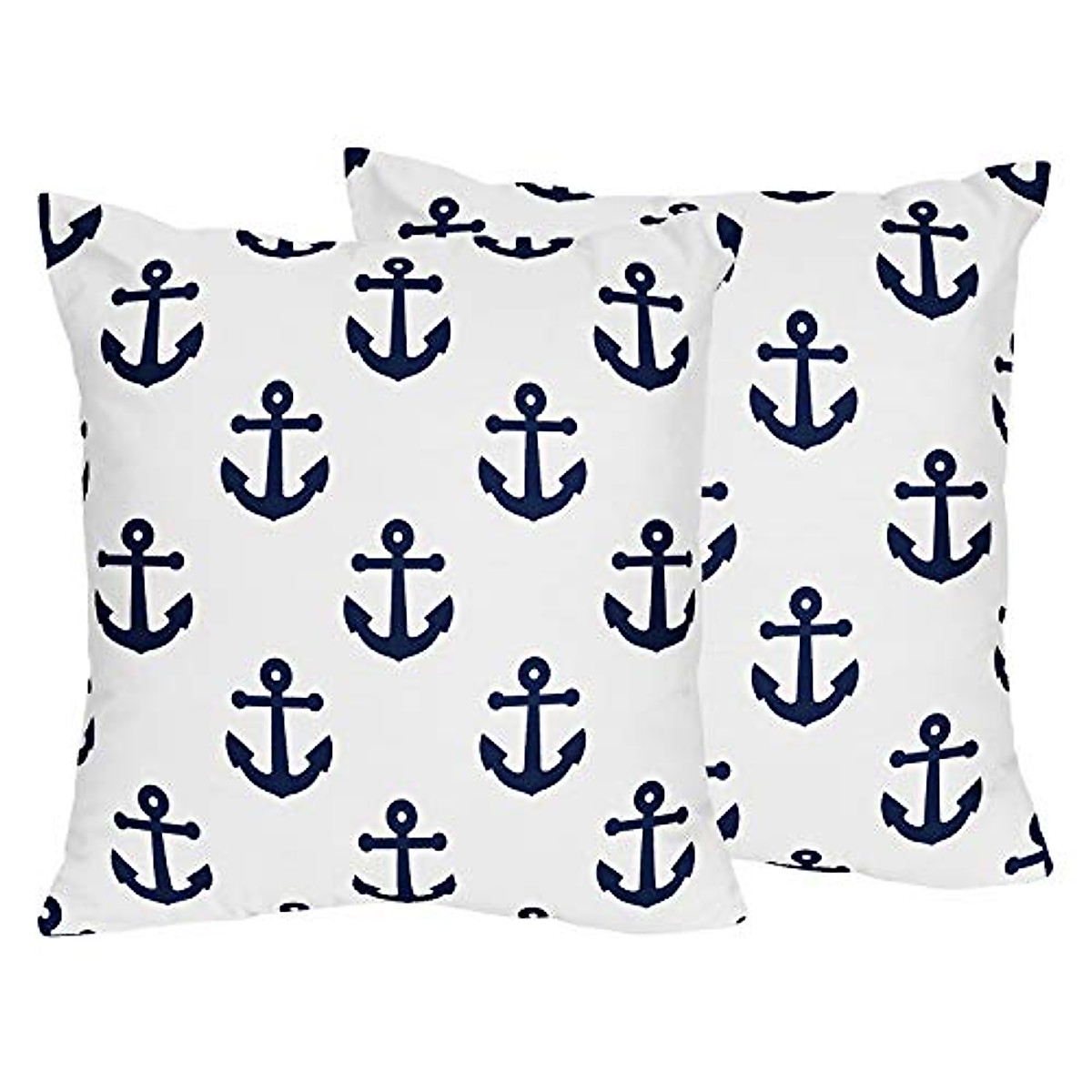 Sweet Jojo Designs Navy Blue White Anchors Decorative Accent Throw Pillows - Set of 2 - Nautical Theme Ocean Sailboat Sea Marine Sailor Anchor Unisex Gender Neutral