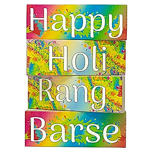 JennyGems Happy Holi Rang Barse Wooden Block Signs, Holi Decorations Party Supplies, Festival of Colors, Set of 4
