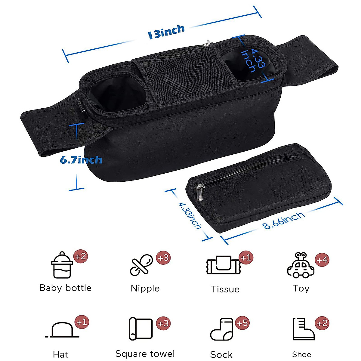 Big Hippo Stroller Organizer With Cup Holders,Durable Baby Stroller Bag with Bonus 2 Pack Stroller Hooks,Detachable Phone Bag & Shoulder Strap,Fits for Stroller like Uppababy,Baby Jogger