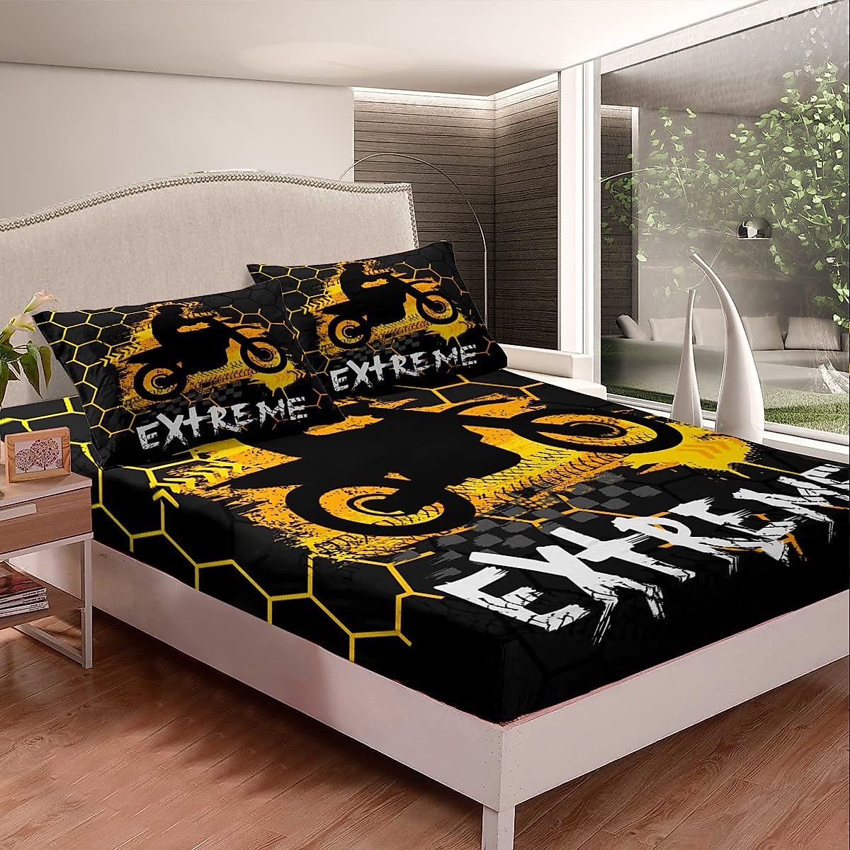 Motorbike Kids Fitted Sheet Full Size,Motorcycle Extreme Sports Bedding Set,Girls Boys Adults Bedroom Decor,Geometric Honeycomb Hexagon Bed Cover,Yellow Fashion Bed Sheet,2 Pillowcases