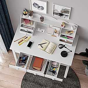 ADORNEVE Writing Desk with USB Port, Home Office Desk with Drawers and Hutch, 36.2" Study Table Computer Desk for Student/Adults, Computer Work Station with Storage Shelf, 7 Drawers, White