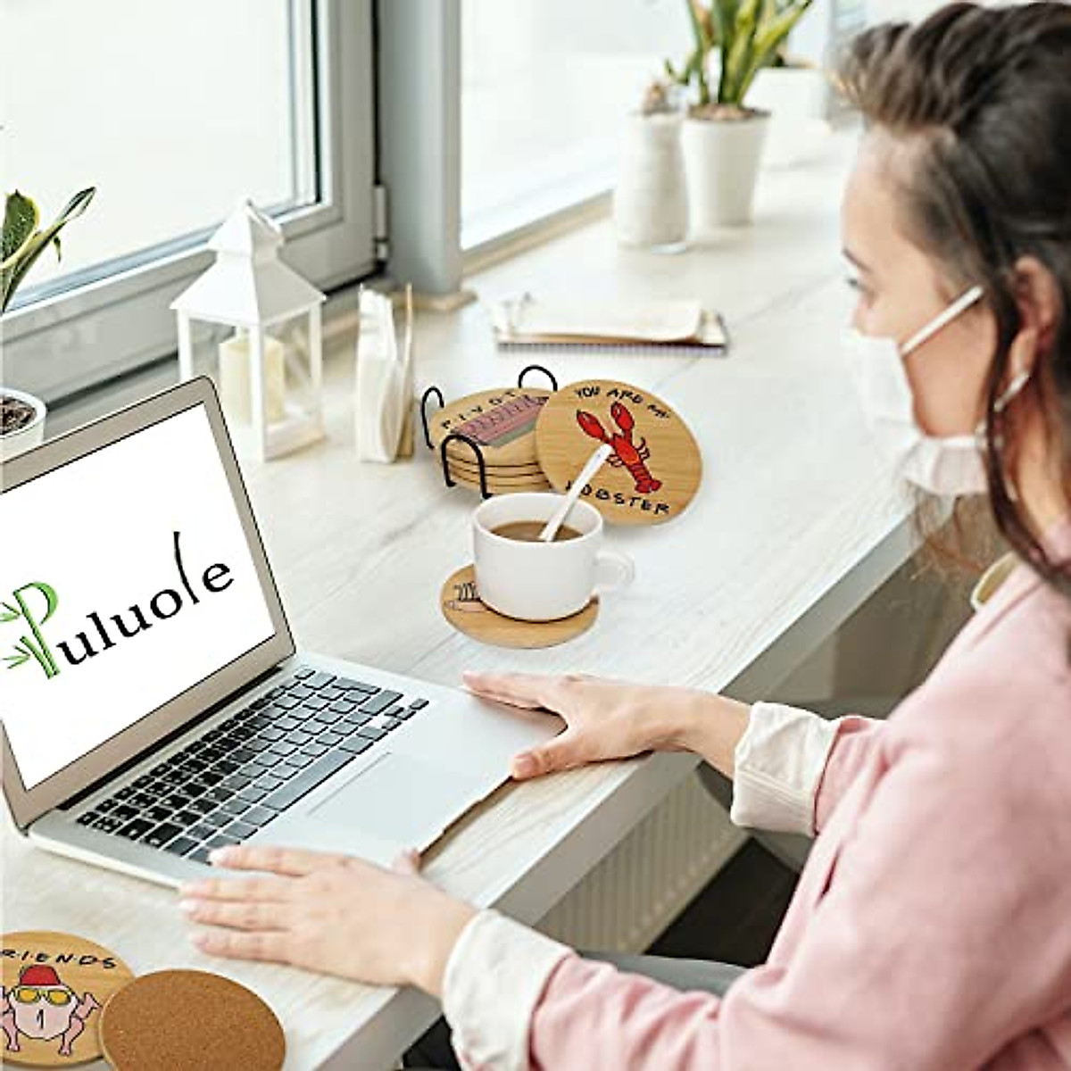 Puluole Friends Coasters for Drinks,Friends TV Show Merchandise,Funny Coasters Set with Coaster Holder,Bamboo Coasters for Coffee Table,Friends TV Show Decor,Friends TV Show Gifts(6 PCS)