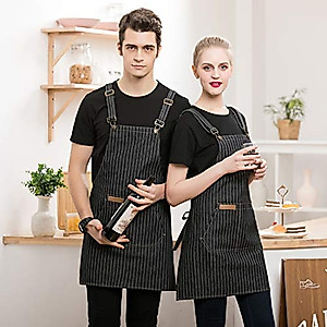 Denim Cross-Back Chef Bib Apron with Pockets for Men and Women (Black Stripe)