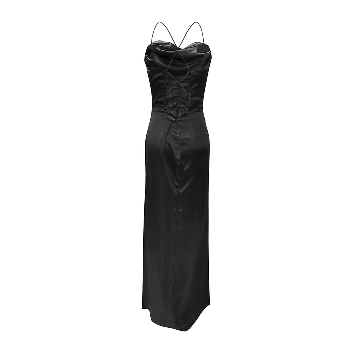 Business Dresses for Women Ladies Simulated Silk Sleeveless Back Strap Side Slit Long Suspender Dress Black