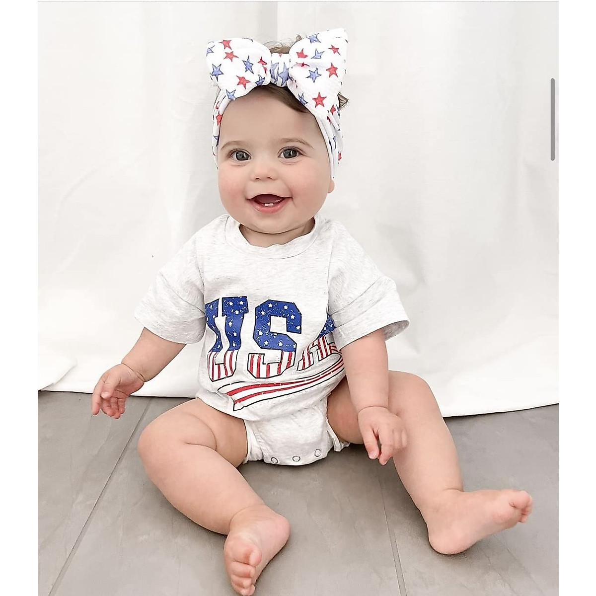 Twopumpkin Toddler Baby 4th of July Outfit Boy Girl Oversized Romper/Shirts+Shorts Retro American Flag Matching Clothes (A USA Romper Gray,12-18 Months)