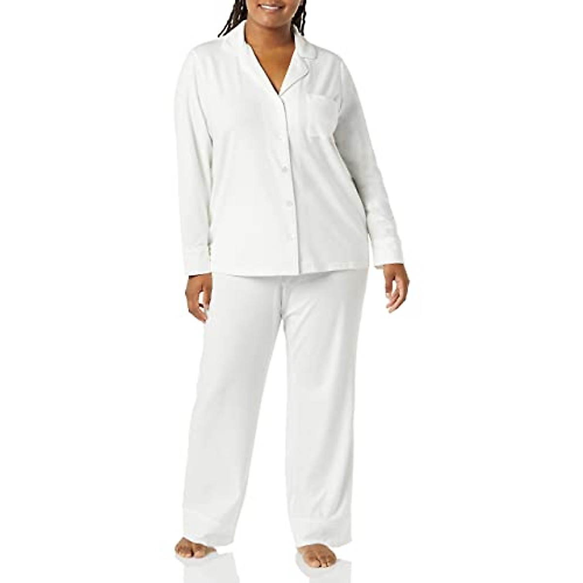 Amazon Essentials Women's Cotton Modal Long-Sleeve Shirt and Full-Length Bottom Pajama Set, White, X-Large
