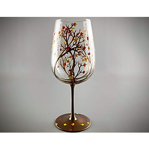 Autumn Tree Wine Glass - Fall Colors - Leaves of Red, Yellow, Orange - Hand Painted - Fall Leaf - 20 ounce
