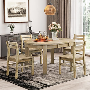 Merax Round Dining Table Set for 4, Extendable Wood Frame with Drawers and Wooden Chairs, Built-in 16" Removable Leaf, Natural