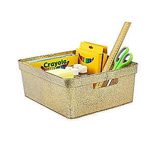 Isaac Jacobs Medium Glitter Storage Bin (14” x 11.5” x 5.5”) Set w/Cut-Out Handles, Plastic Organizer, Multi-Functional, Home Storage Solution, Kids Playroom, Bedroom, Closet (2, Gold)