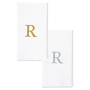 AMERICAN HOMESTEAD Disposable Hand Towels - Silver Monogrammed Guest Napkins - Linen-Like Bathroom Paper Towels for Guests - Perfect Wedding and Party Napkins - 25 Count (Silver R)