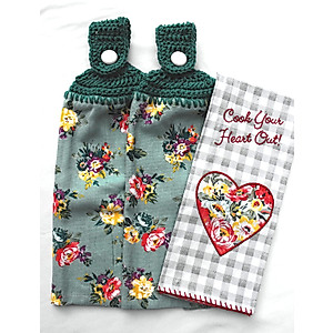 THE PIONEER WOMAN SWEET ROMANCE KITCHEN TOWEL SET - 2 HANGING TOWELS + COOK YOUR HEART OUT TOWEL