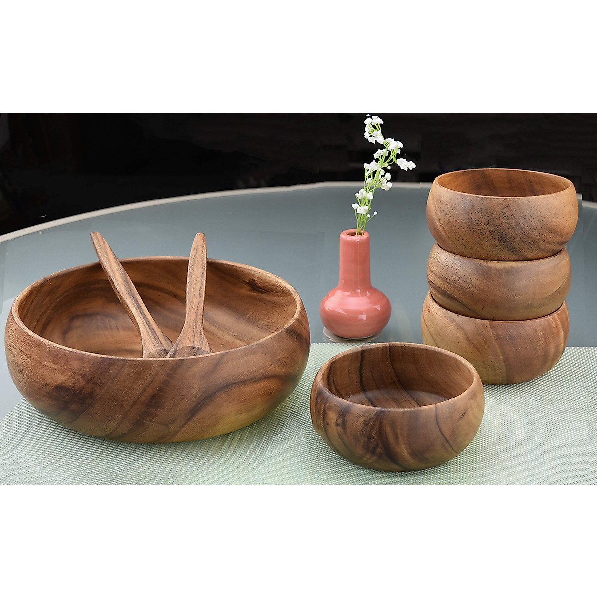 PACIFIC MERCHANTS Acacia Wood 7-Piece Round 12" x 4" Large Salad Bowl Set with Four 6" x 3" Salad Bowls and Servers