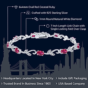 Gem Stone King 925 Sterling Silver Red Created Ruby and White Diamond Greek Vine Tennis Bracelet For Women (4.63 Cttw, Oval 6X4MM, 7 Inch)