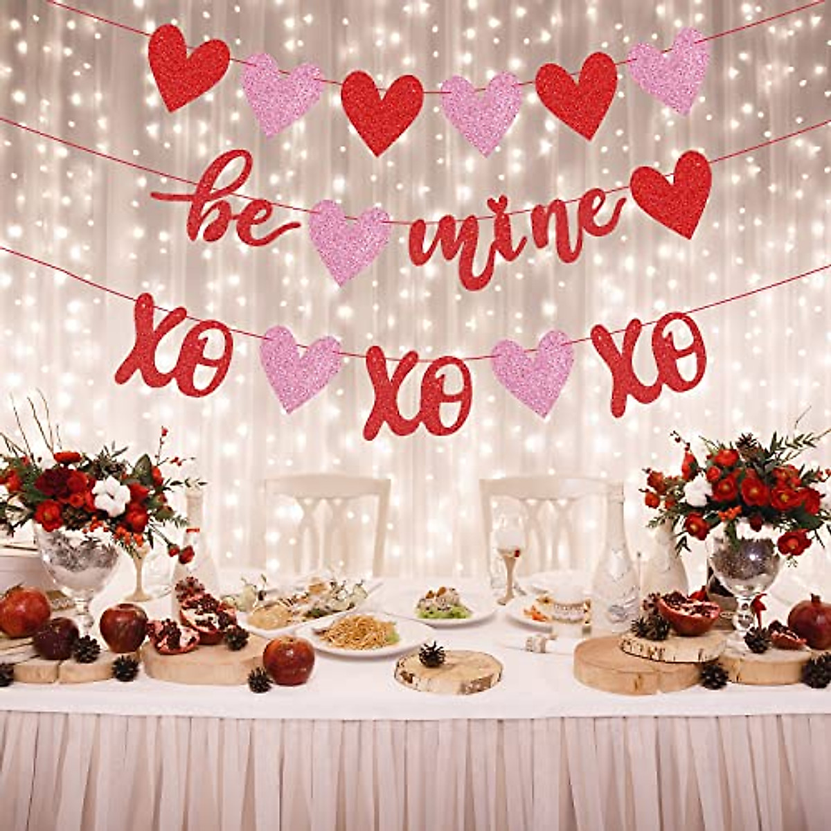 Valentines Red and Pink Glittery Be Mine Banner Glitter XOXO Banner and Heart Garland Banner for Valentines Day Decorations Wedding Proposal Engagement Bachelorette Party Decor Supplies